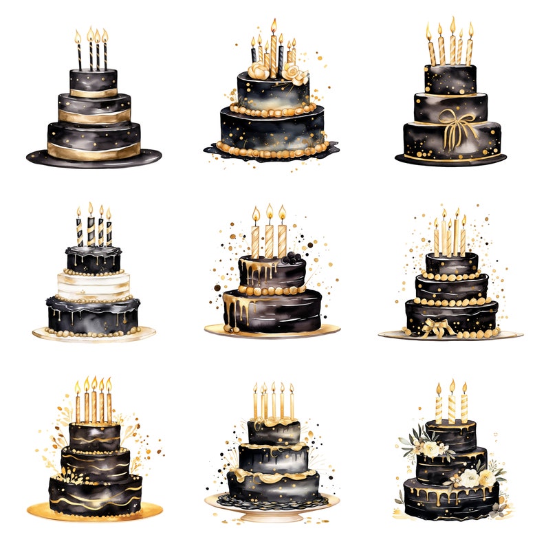37 Black and Gold Birthday Cakes Watercolor Clipart, Party Clipart, PNG ...