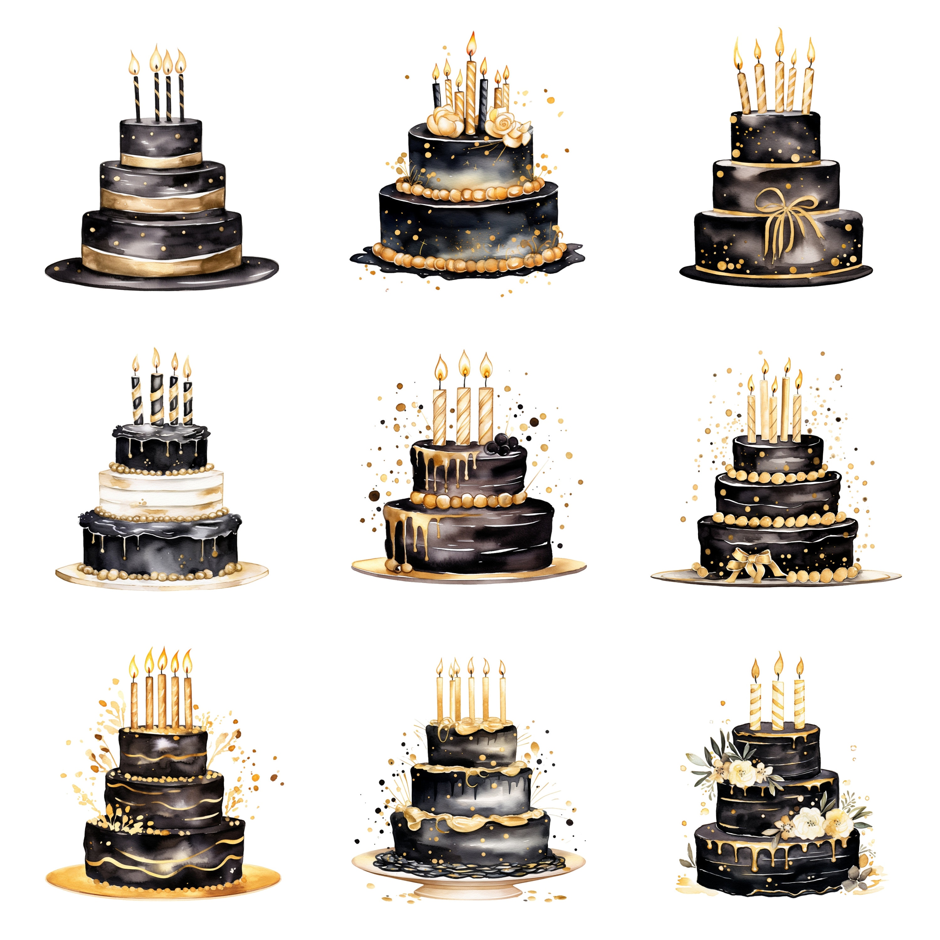 37 Black and Gold Birthday Cakes Watercolor Clipart, Party Clipart, PNG ...