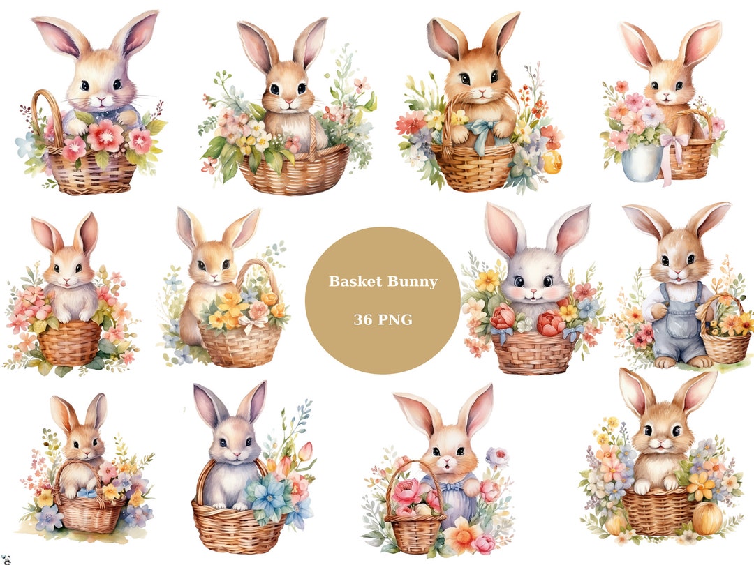 36 Basket Bunnies Watercolor Clipart, Easter Clipart, PNG Individual ...