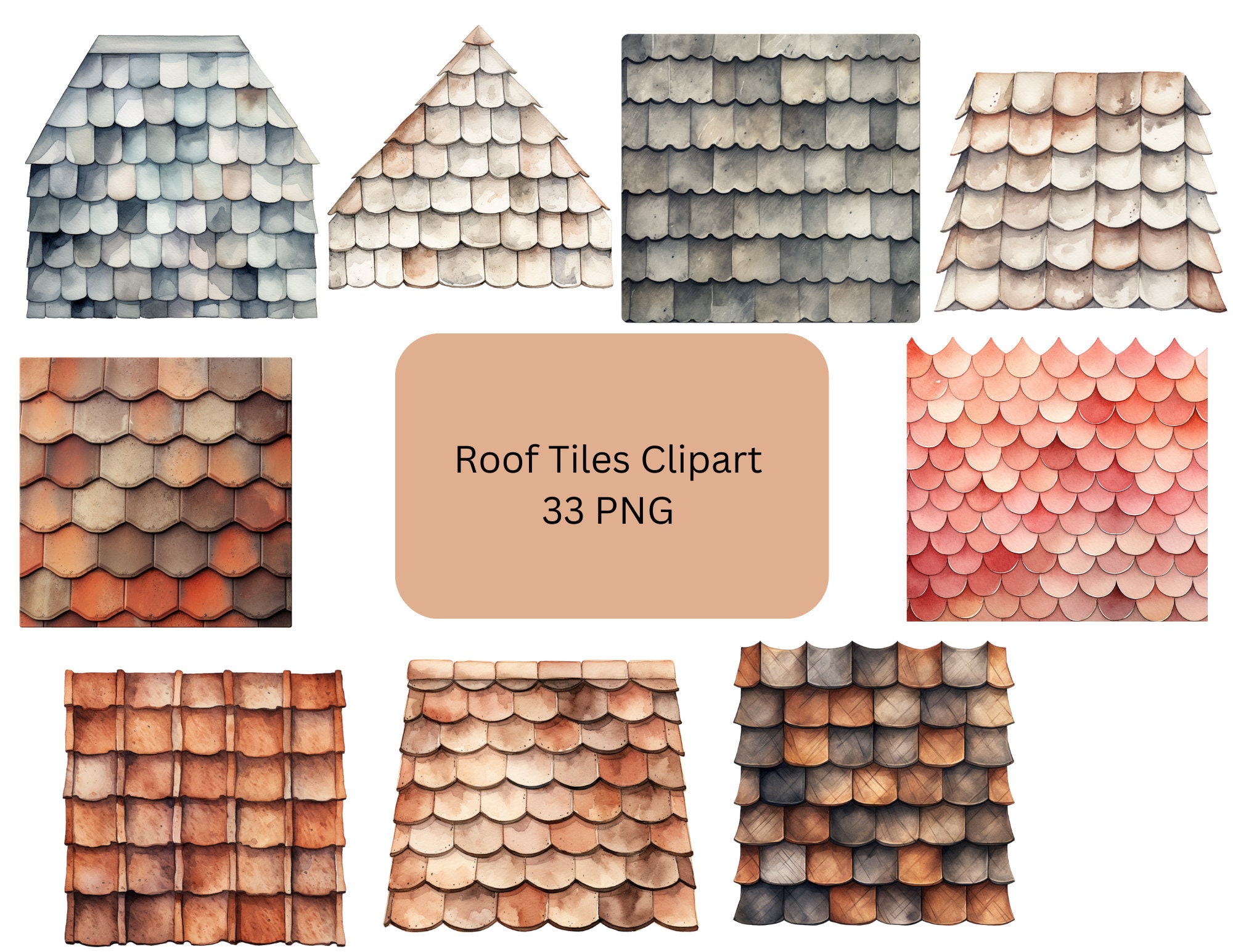 Watercolor Roof Tiles Clipart PNG Digital Files on a - Etsy UK