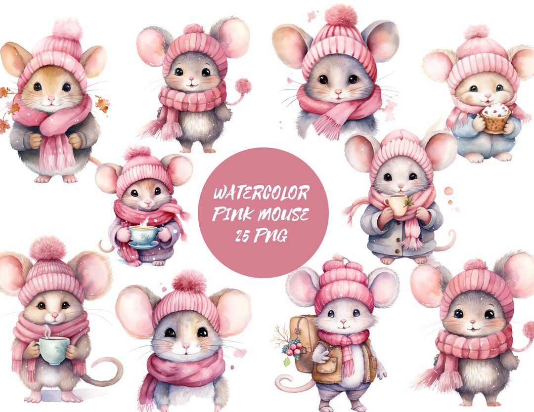 Watercolour Cute Winter Mouse , Pink Mouse Png, Clipart Bundle ...