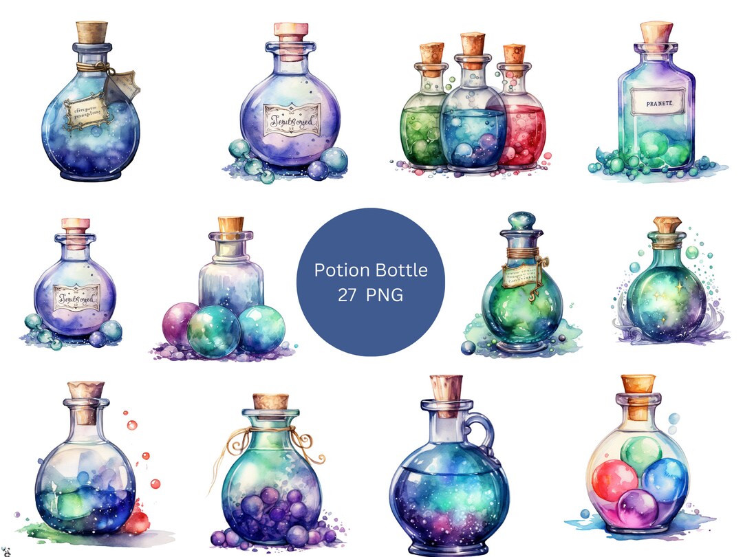 27 Potion Bottles Watercolor Clipart, Halloween Clipart, PNG Individual ...