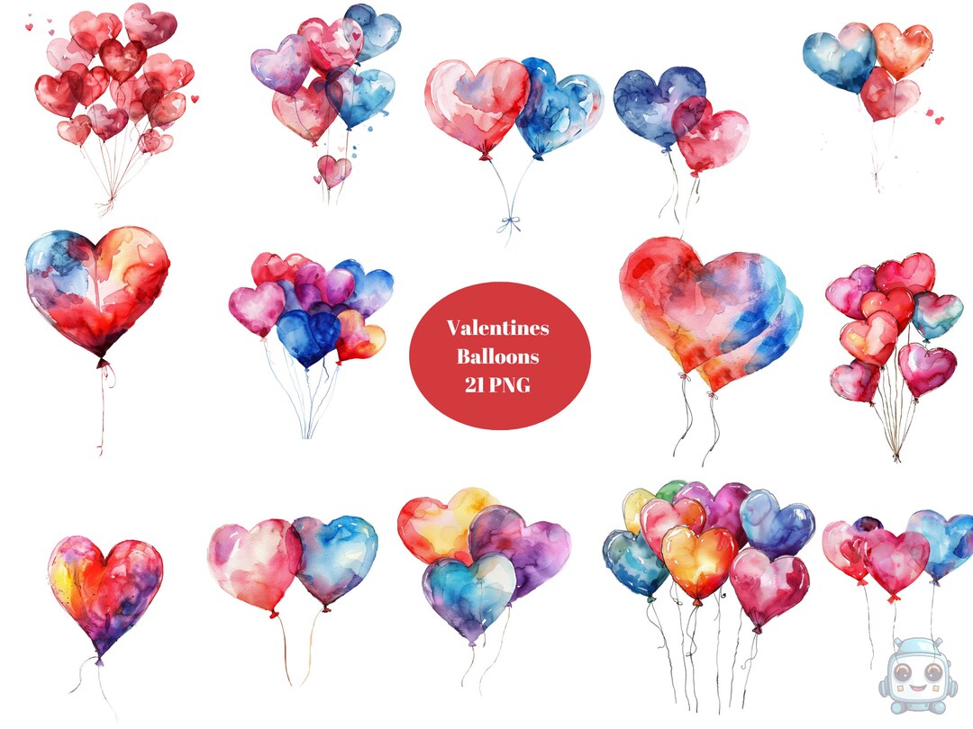 21 Valentine Balloons Watercolor Clipart, Valentines Day Clipart, PNG ...
