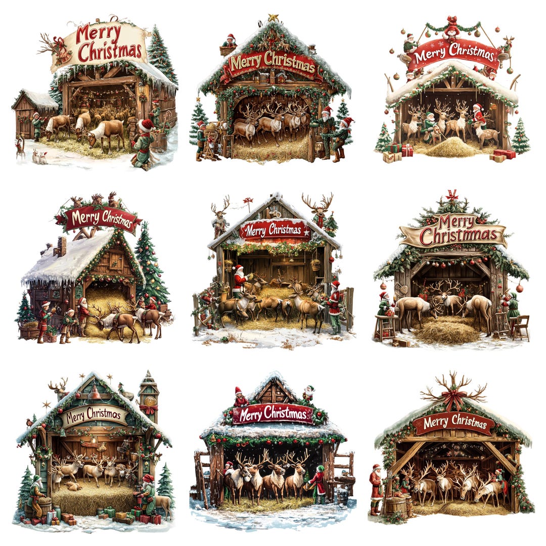 21 Santa's Reindeer Stables Watercolor Clipart, Christmas Clipart, PNG ...