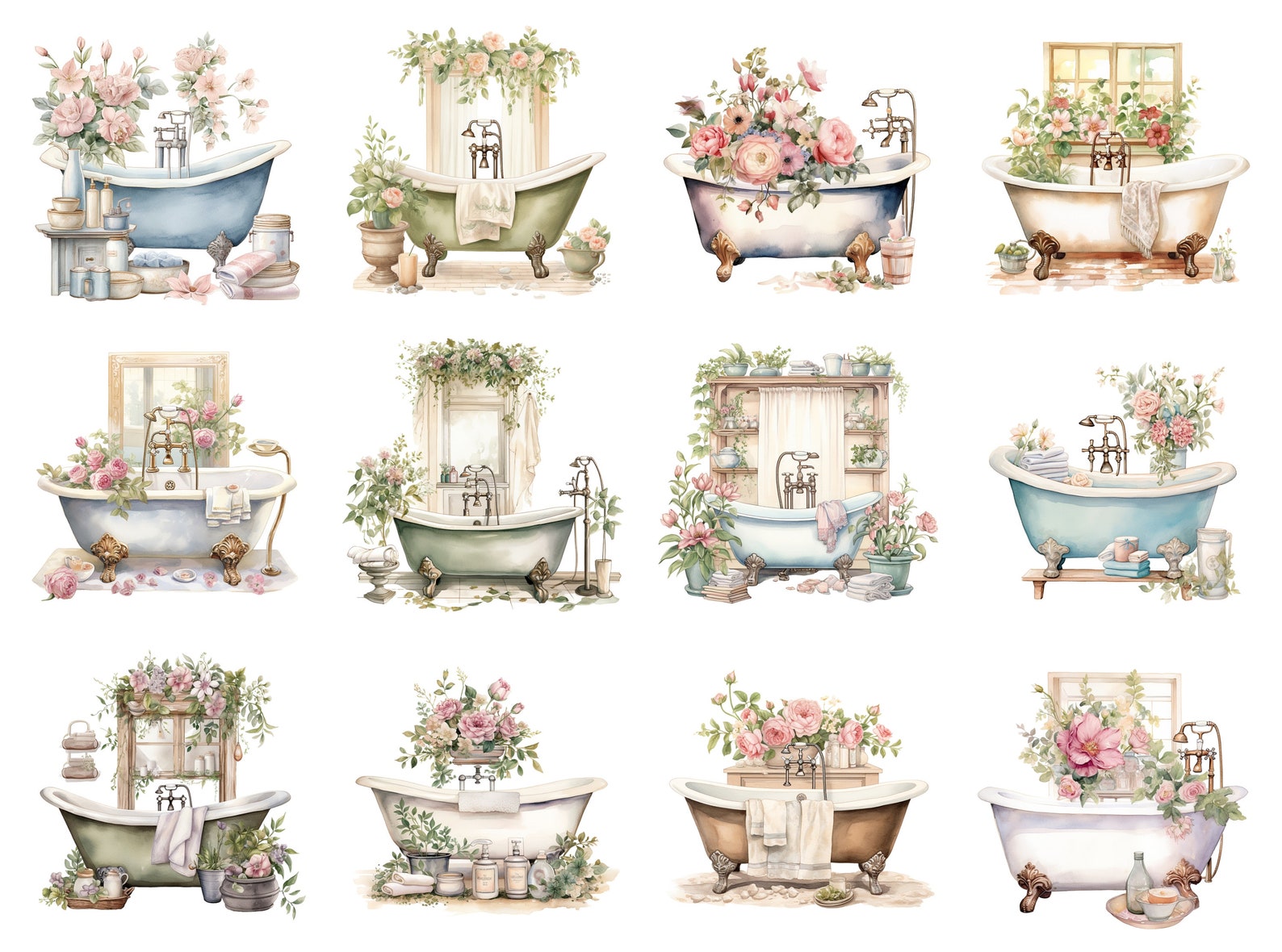 Watercolor Floral Bathroom Clipart, PNG Digital Files on a Transparent ...