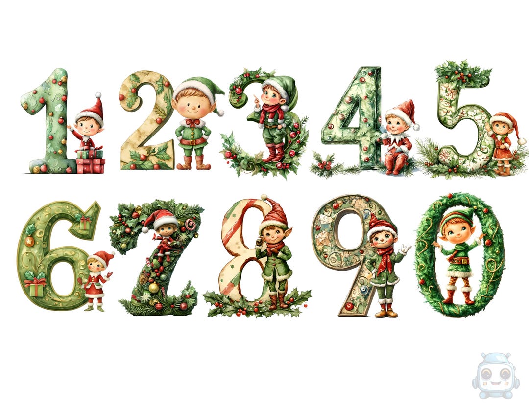 Christmas Elves Numbers Watercolor Clipart, Christmas Clipart, PNG ...