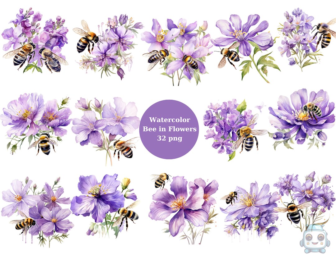 Watercolor Bee in Flowers Clipart, PNG Digital Files on Transparent ...