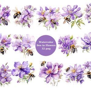 Watercolor Bee in Flowers Clipart, PNG Digital Files on Transparent ...