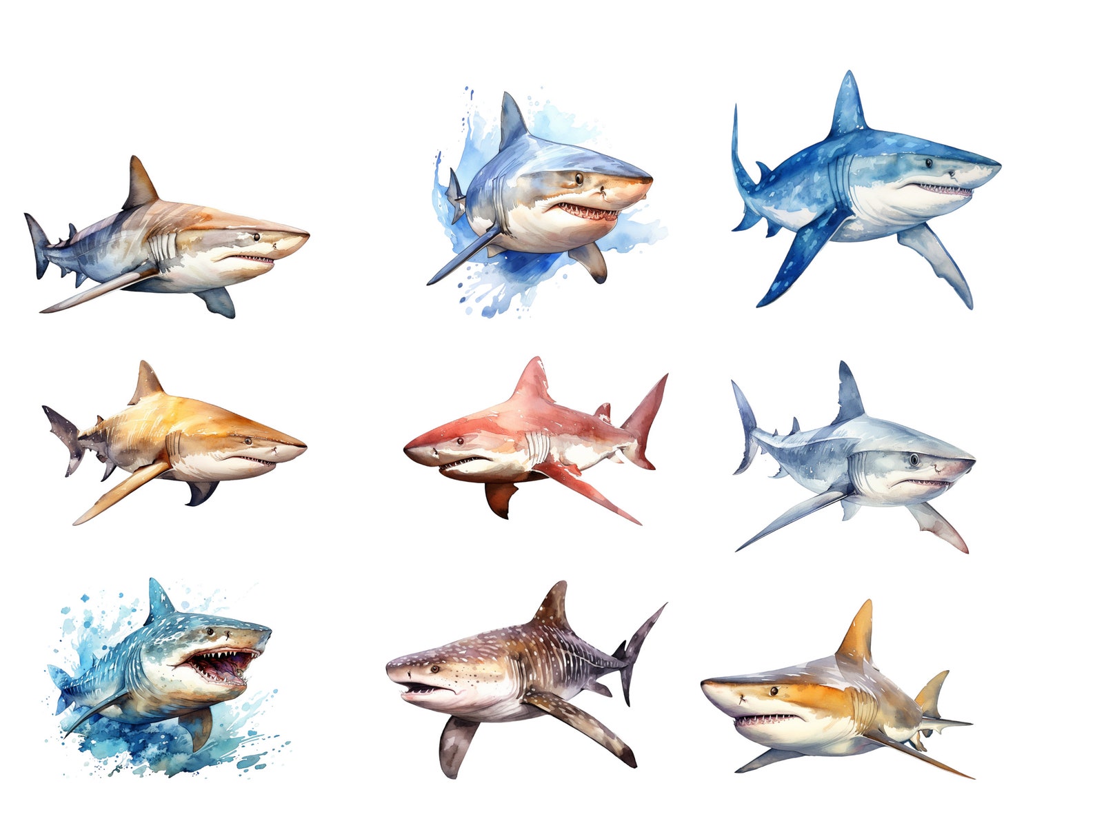 Watercolor Sharks Clipart PNG Digital Files on a Transparent - Etsy