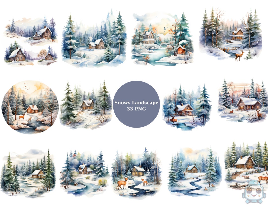 33 Snowy Landscape Watercolor Clipart, Winter Clipart, PNG Digital ...