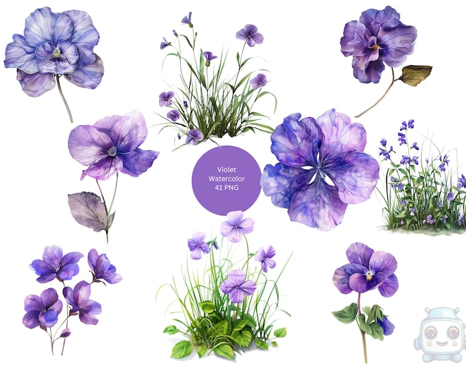 Violet Floral Clipart, Watercolor Clipart Set, Flower Clip Art Violet ...