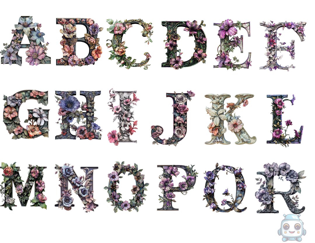 Watercolor Gothic Flowers Alphabet Clipart, PNG Individual Images on ...