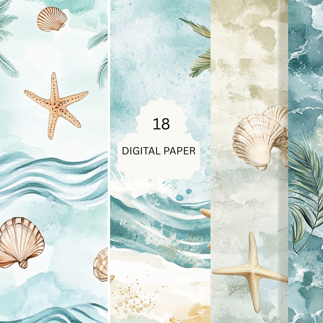 Beach Ocean Digital Paper – 18 Backgrounds With Seashells, Starfish ...