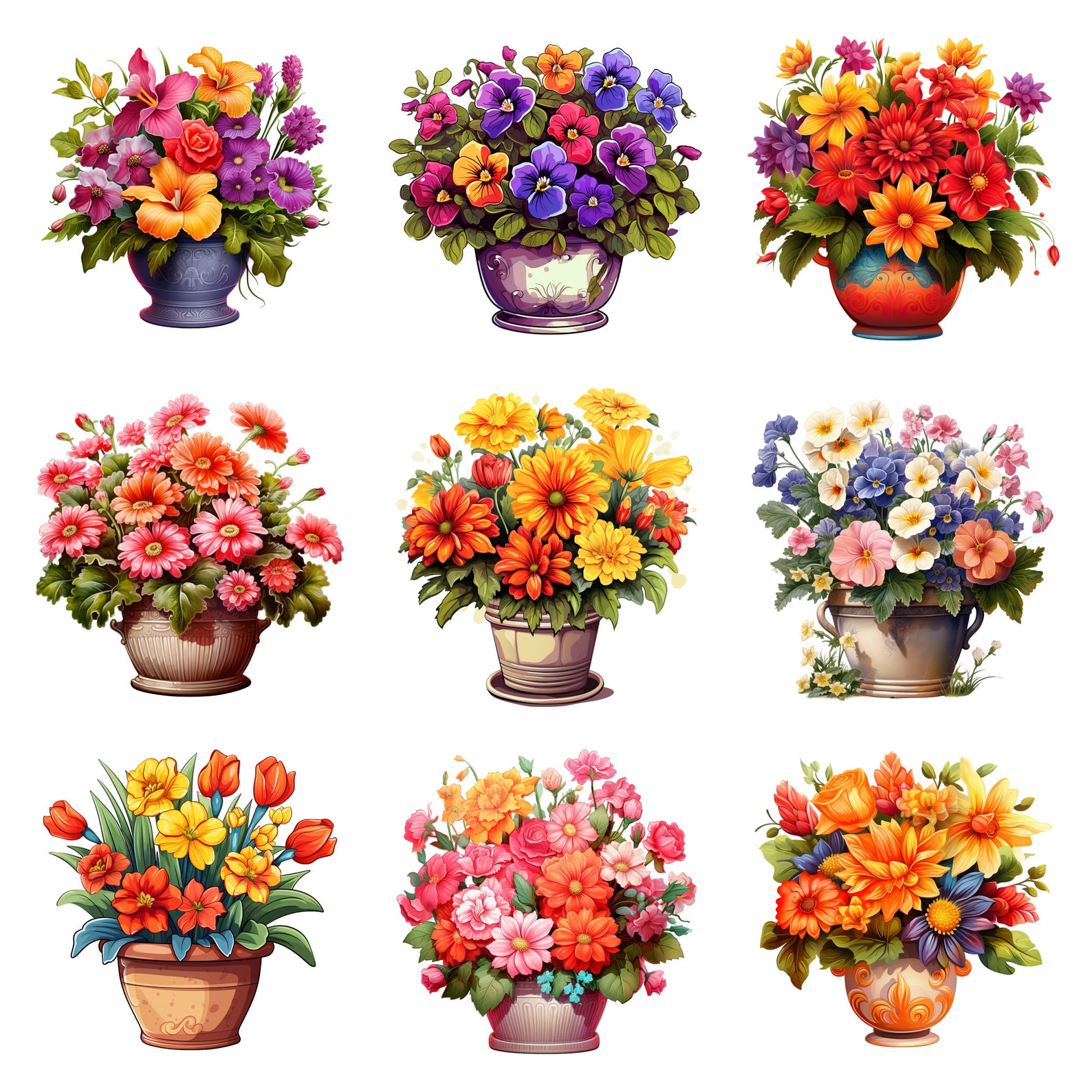 Flowers in Pots Clipart, PNG Digital Files on Transparent Background ...
