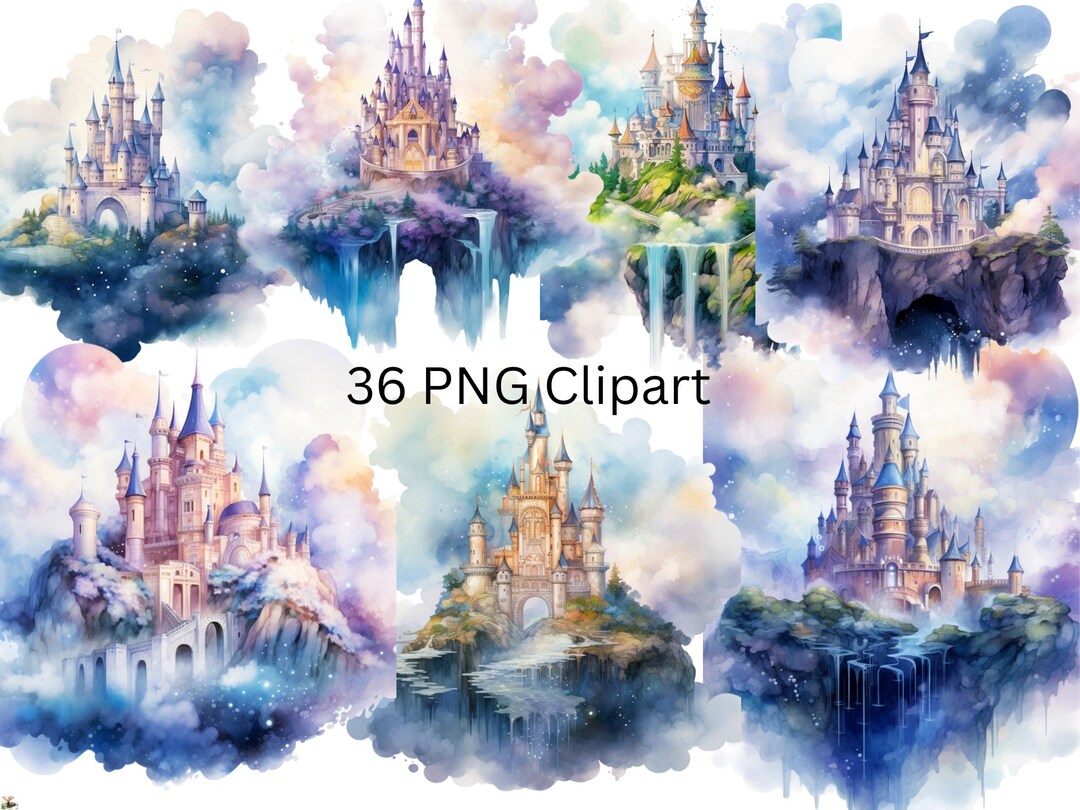 36 Floating Castles Watercolor Clipart, PNG Individual Images on ...