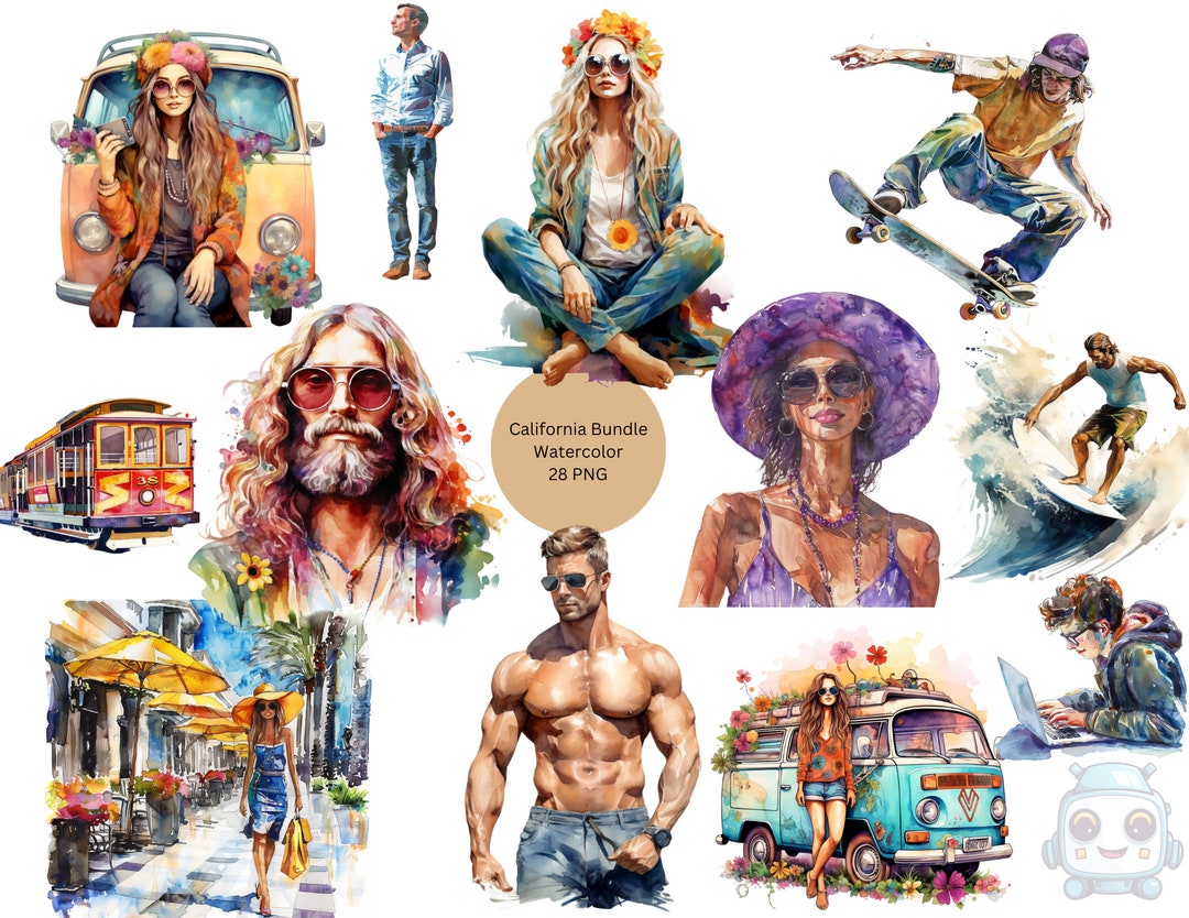 Watercolor California Bundle Clipart, PNG Individual Images on ...