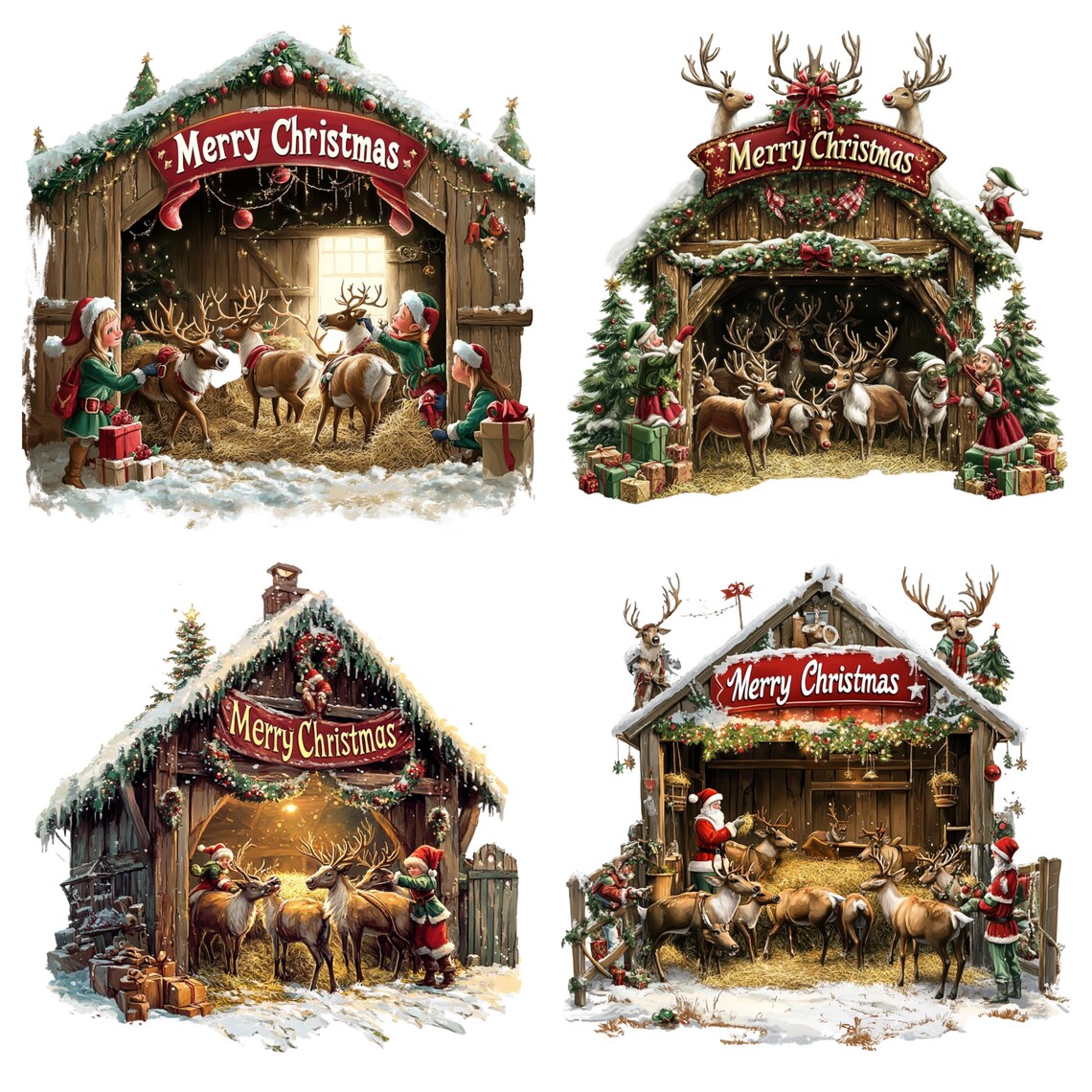 21 Santa's Reindeer Stables Watercolor Clipart, Christmas Clipart, PNG ...