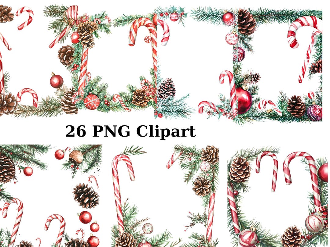 26 Candy Cane Frames Watercolor Clipart, Christmas Clipart, PNG ...
