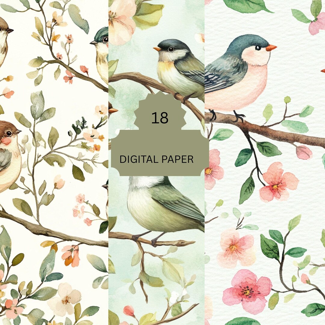 Spring Birds Digital Paper Pack - Branches, Blossoms and Cute Birds ...