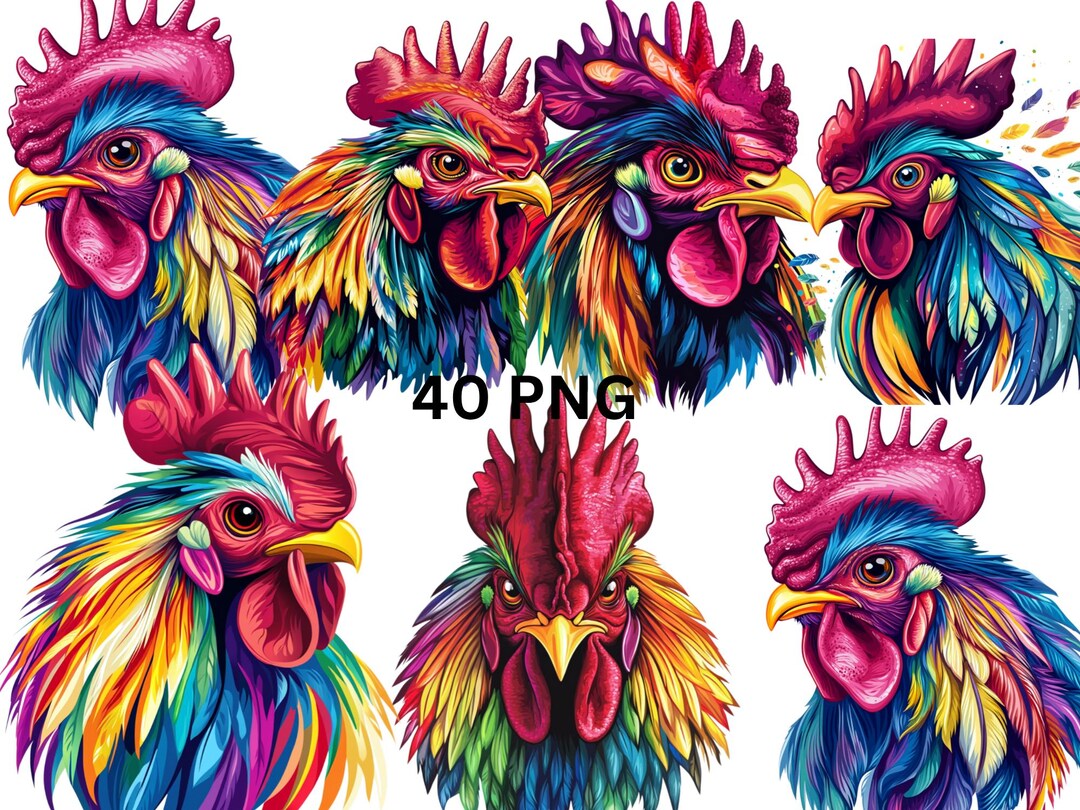 Colorful Rooster Clipart Set – 40 PNG, Vibrant Chicken Illustrations ...