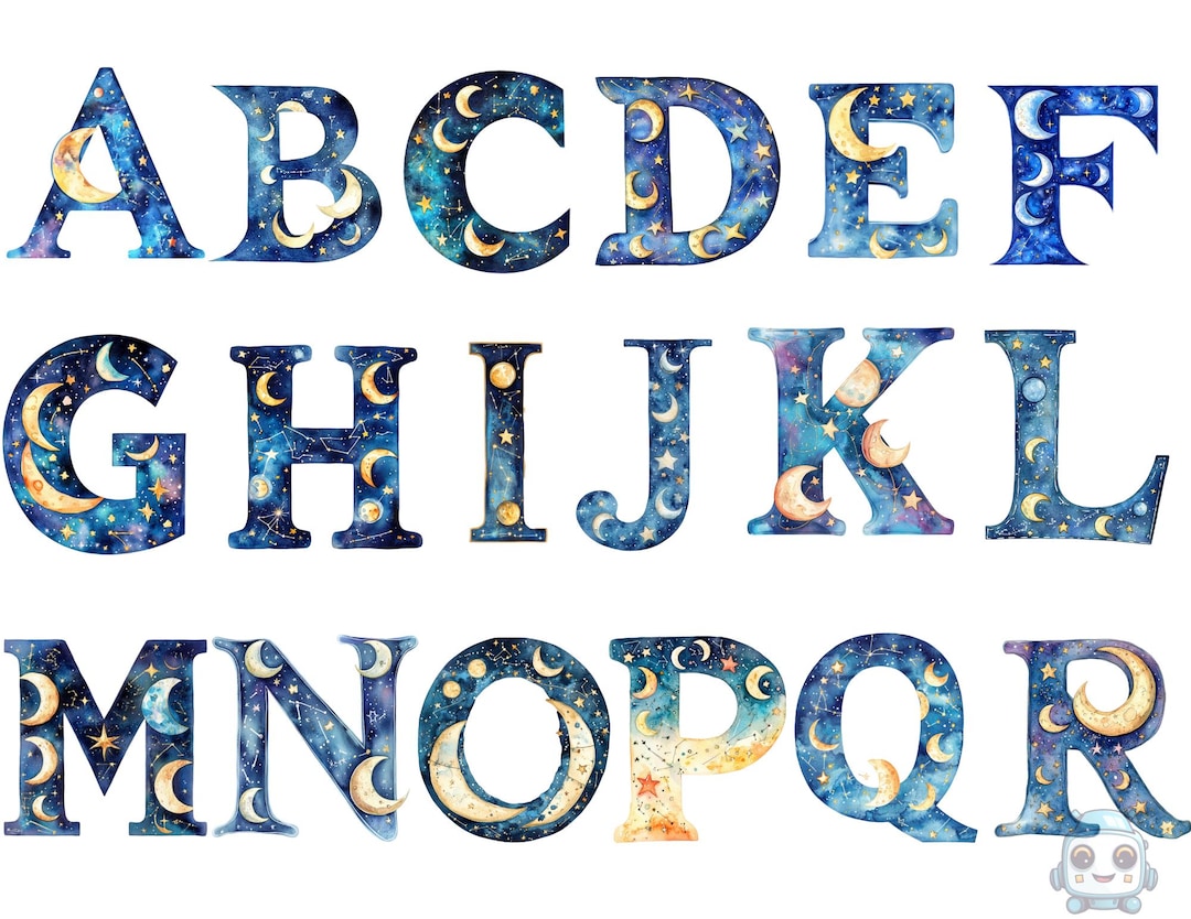 Celestial Moon and Stars Alphabet Clipart - Cosmic Galaxy Letters Set ...