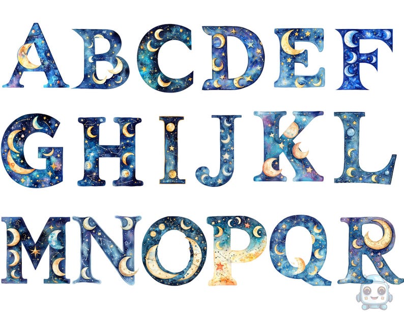 Celestial Moon and Stars Alphabet Clipart - Cosmic Galaxy Letters Set ...