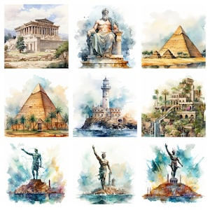 Watercolor 7 Wonders of the Ancient World Clipart, PNG Digital Files ...
