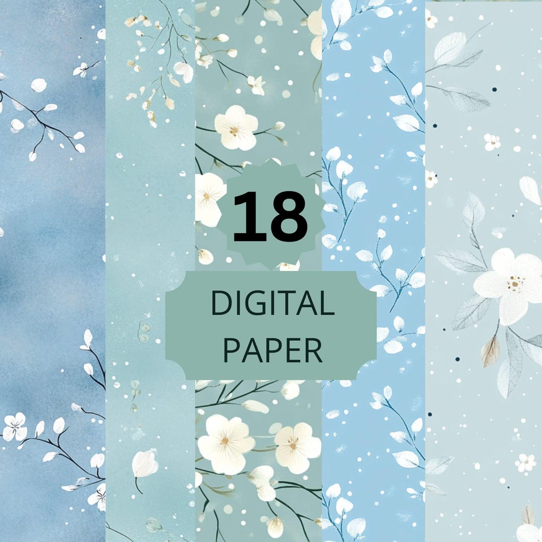 Blue Floral Digital Paper, Soft Blossom Backgrounds for Scrapbooking ...