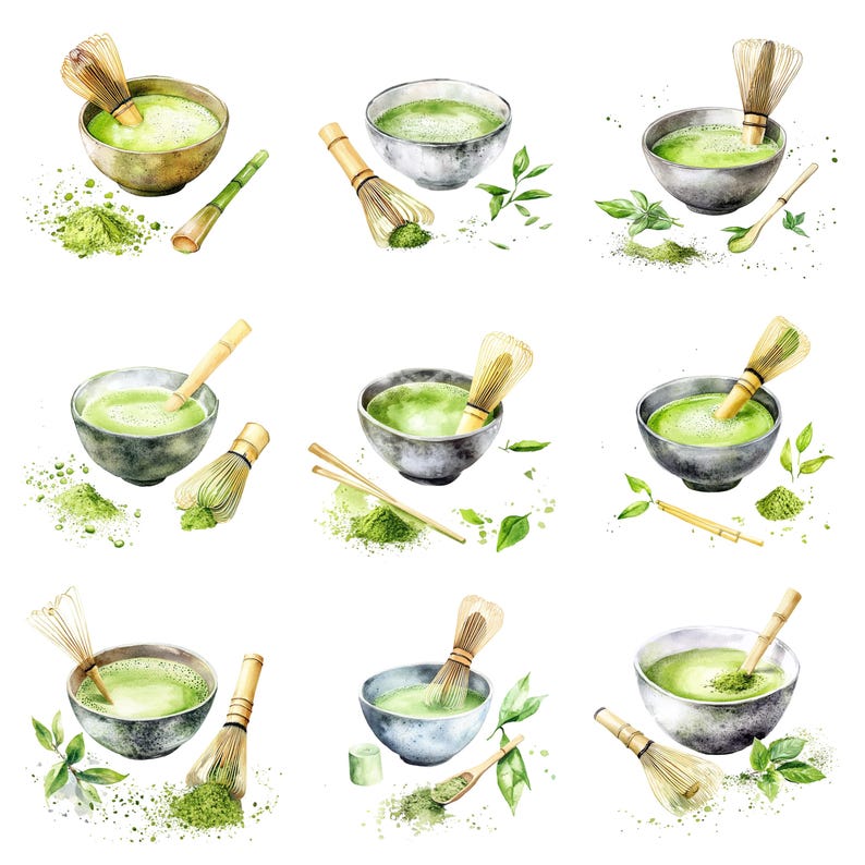 32 Matcha Tea Watercolor Clipart, PNG Digital Files on Transparent ...