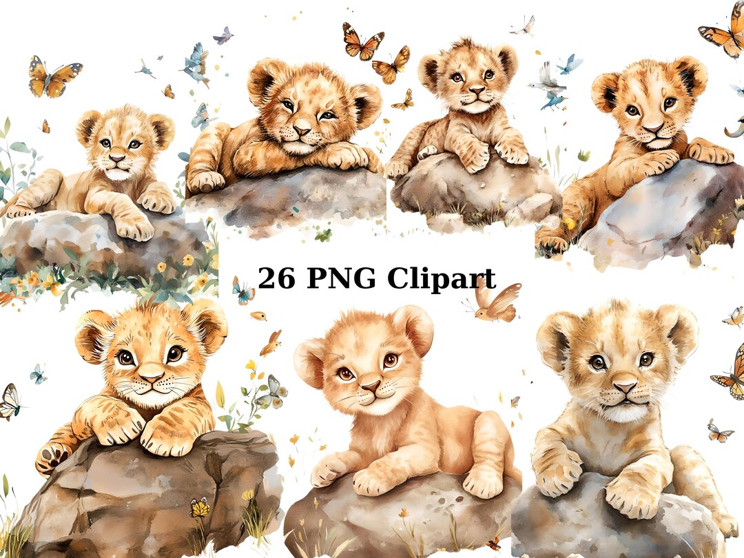 26 Cute Baby Lions Watercolor Clipart, Animals Clipart, PNG Individual ...