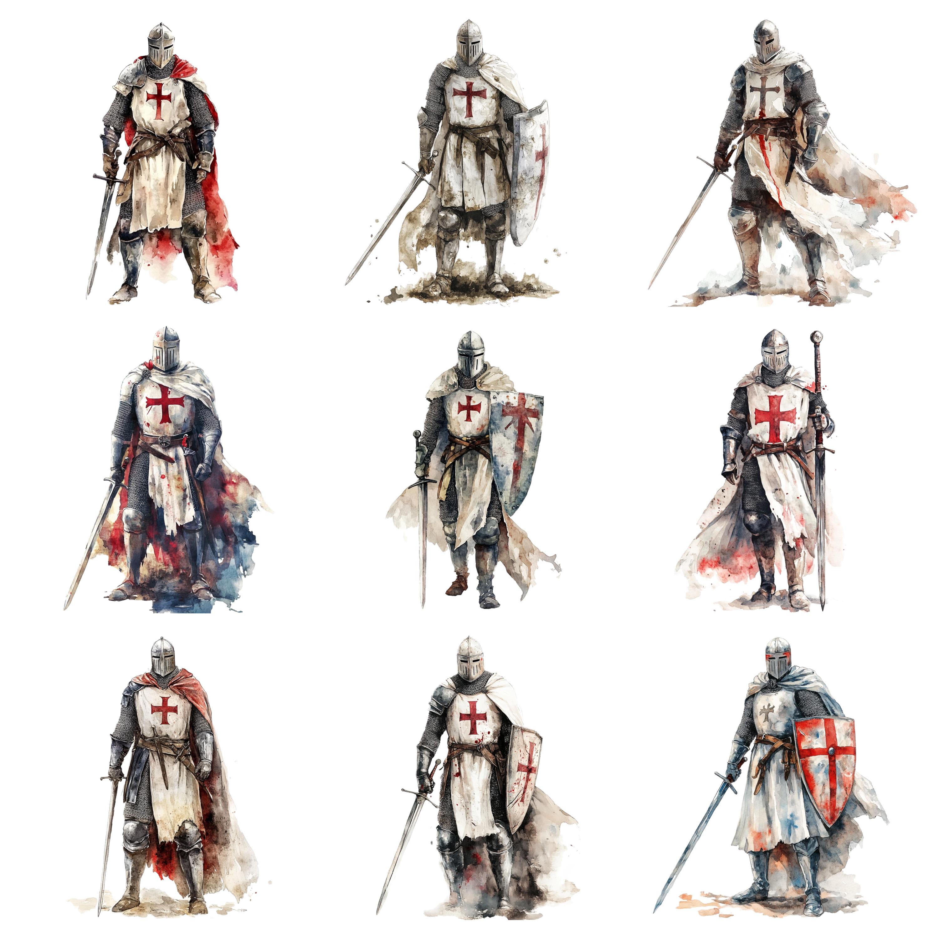 37 Knight Templars Watercolor Clipart, Medieval Clipart, PNG Individual ...