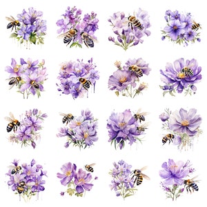 Watercolor Bee in Flowers Clipart, PNG Digital Files on Transparent ...