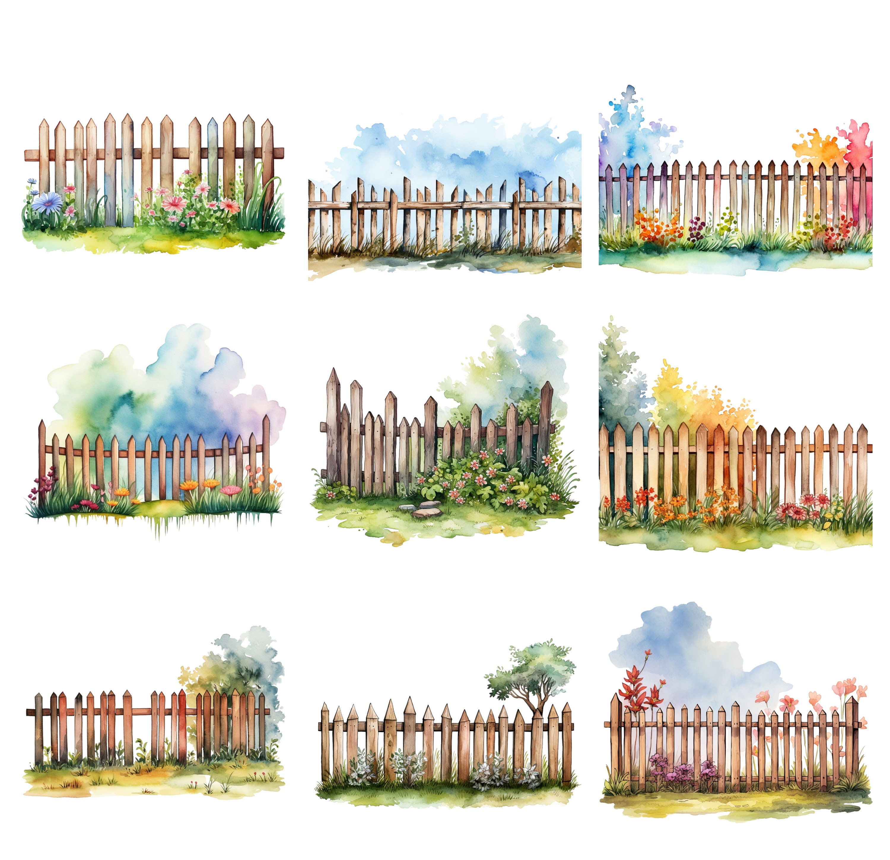 Watercolor Fence Borders Clipart, PNG Digital Files on Transparent ...