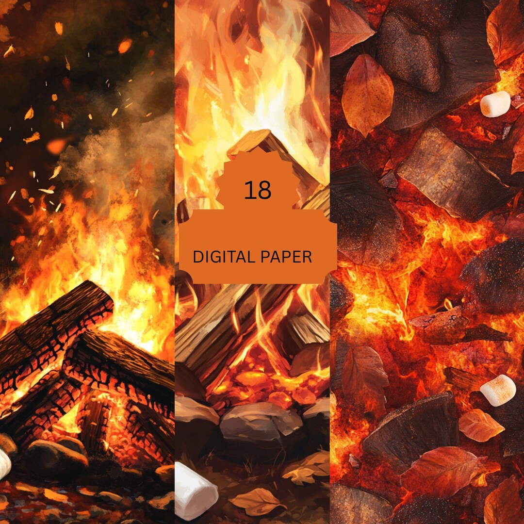 Campfire Digital Paper Pack - Autumn Bonfire Flames, Logs and ...