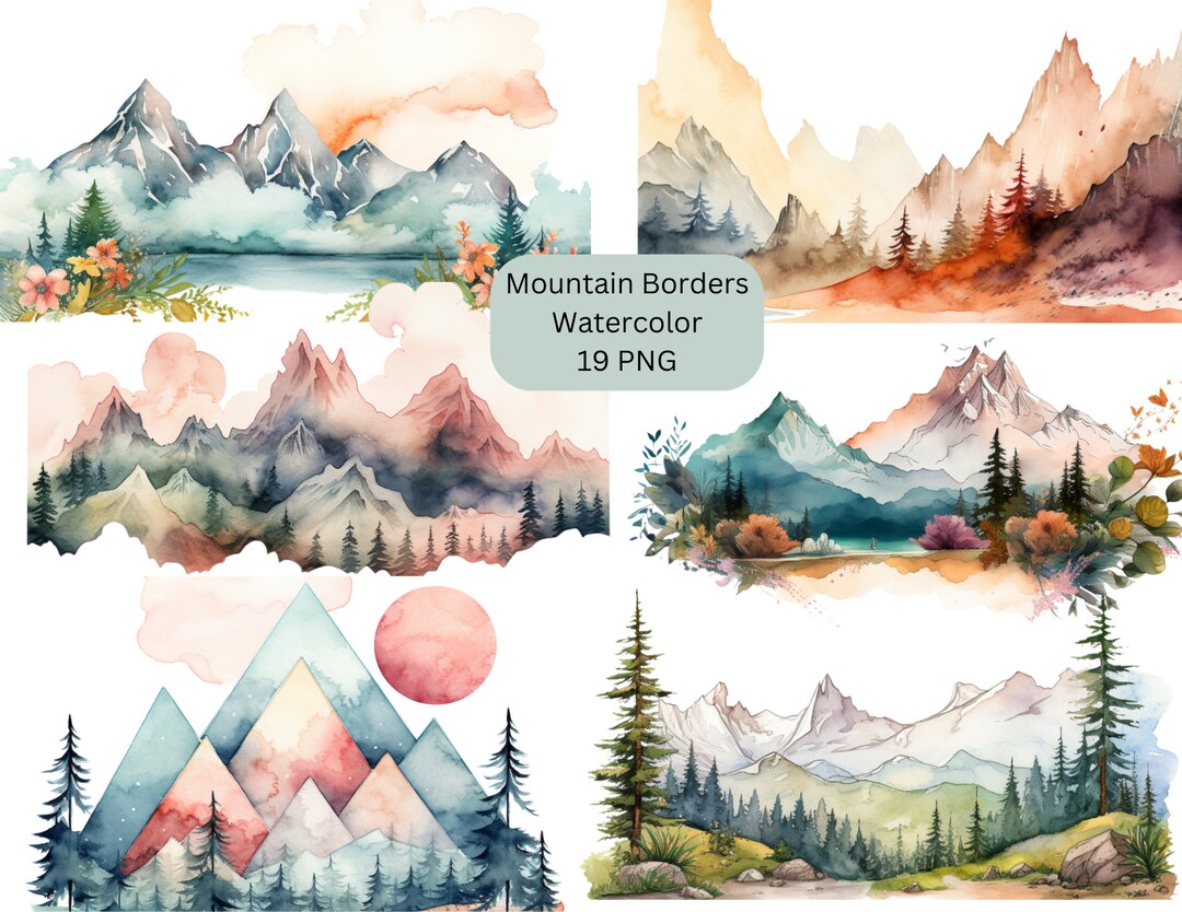 Watercolor Mountain Borders Clipart, PNG Digital Files on a Transparent ...