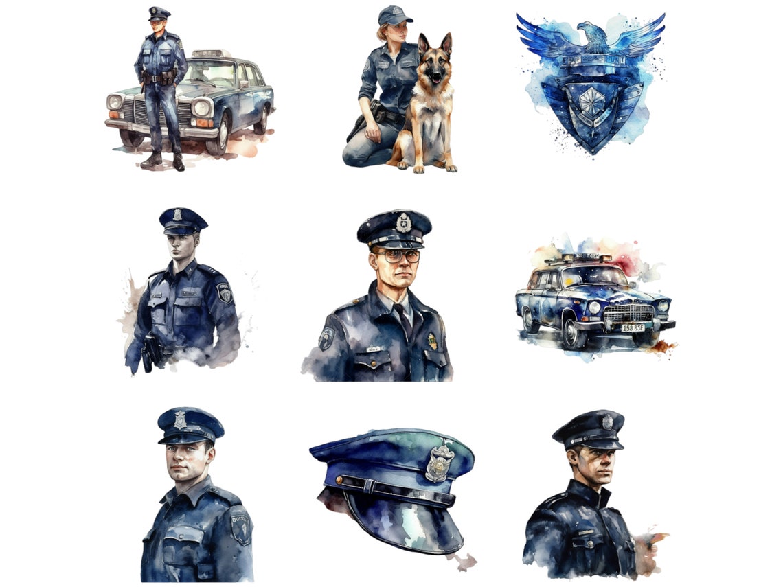 Police Officer Bundle, Watercolor, 24 PNG Images, Clipart, Junk Journal ...