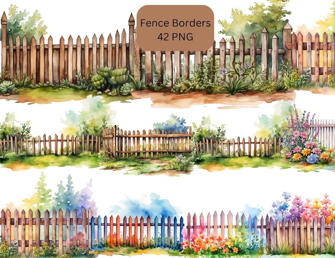 Watercolor Fence Borders Clipart, PNG Digital Files on Transparent ...