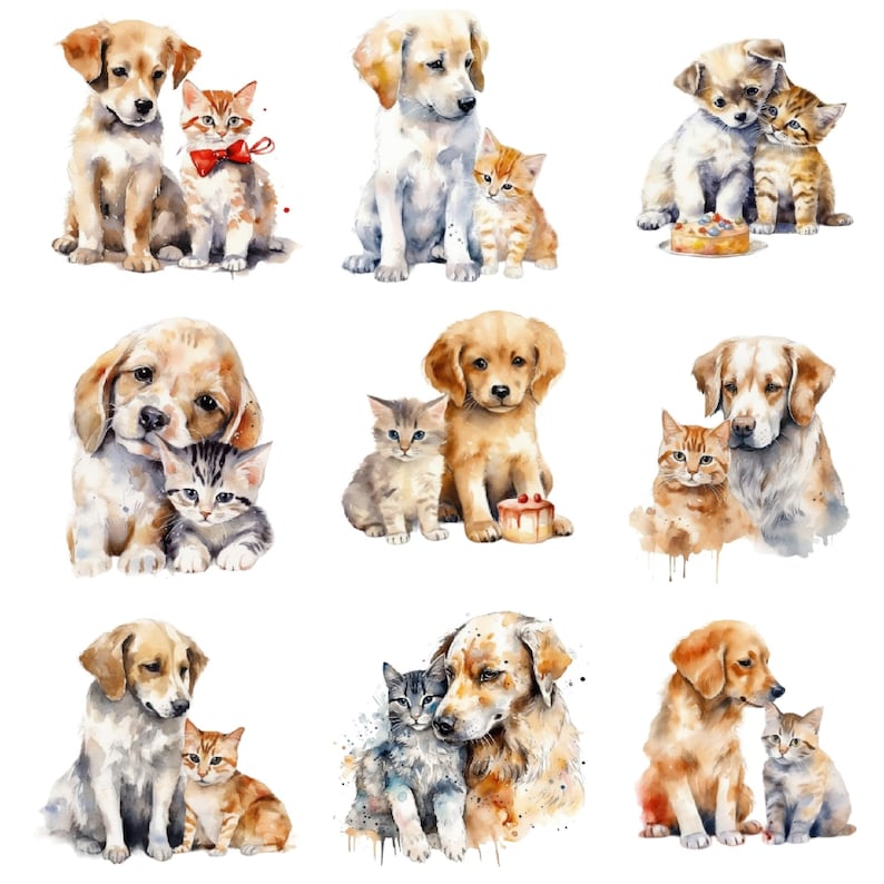 Watercolor Cats and Dogs in Love PNG Images Instant Download - Etsy