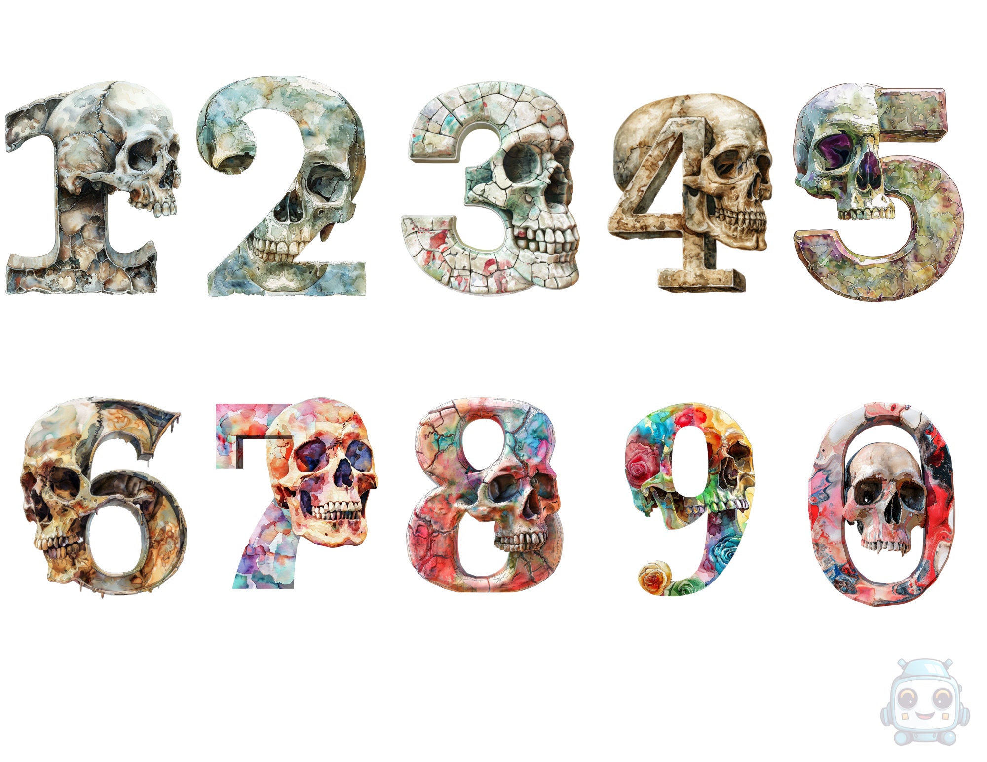 Watercolor Skull Numbers Clipart, Bones Clipart, PNG Individual Images ...