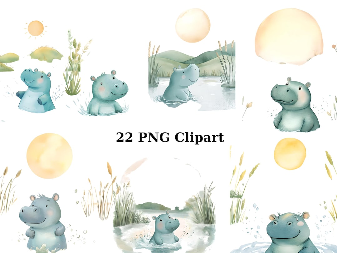 22 Kids Hippos Watercolor Clipart, Animals Clipart, PNG Individual ...