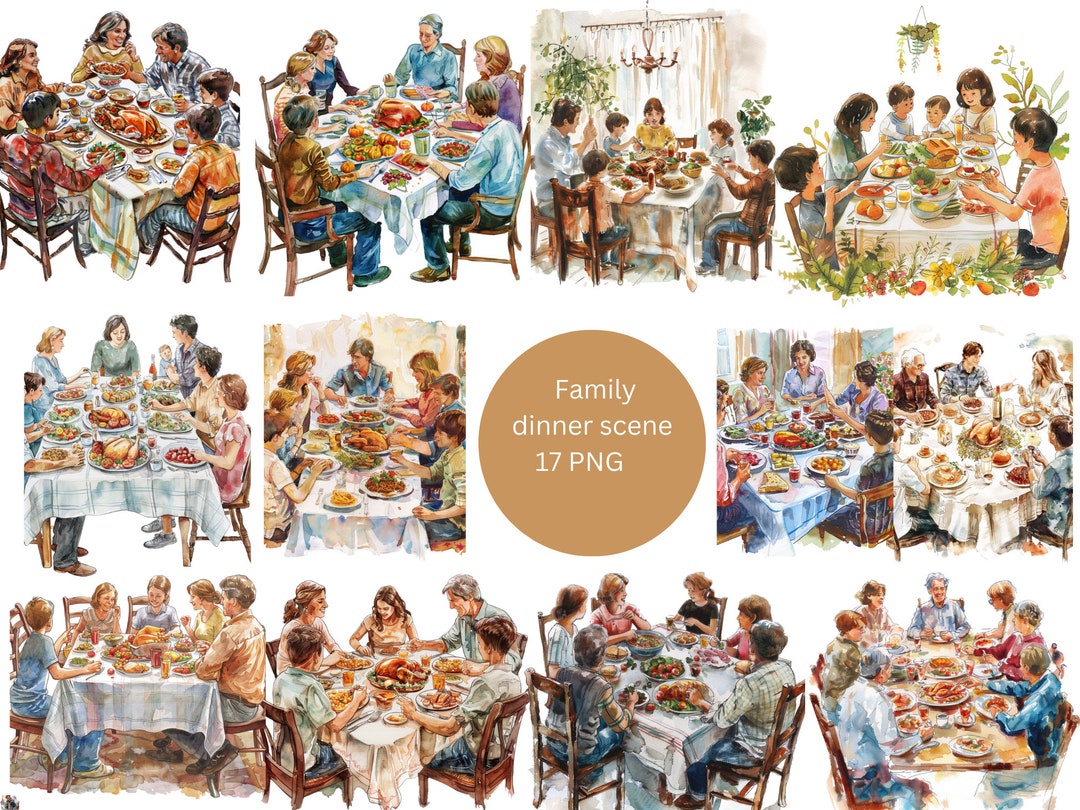 17 Family Dinner Scenes Watercolor Clipart, Family Clipart, PNG ...