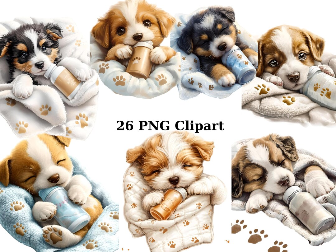 26 Puppies With Milk Bottle Watercolor Clipart, Animals Clipart, PNG ...