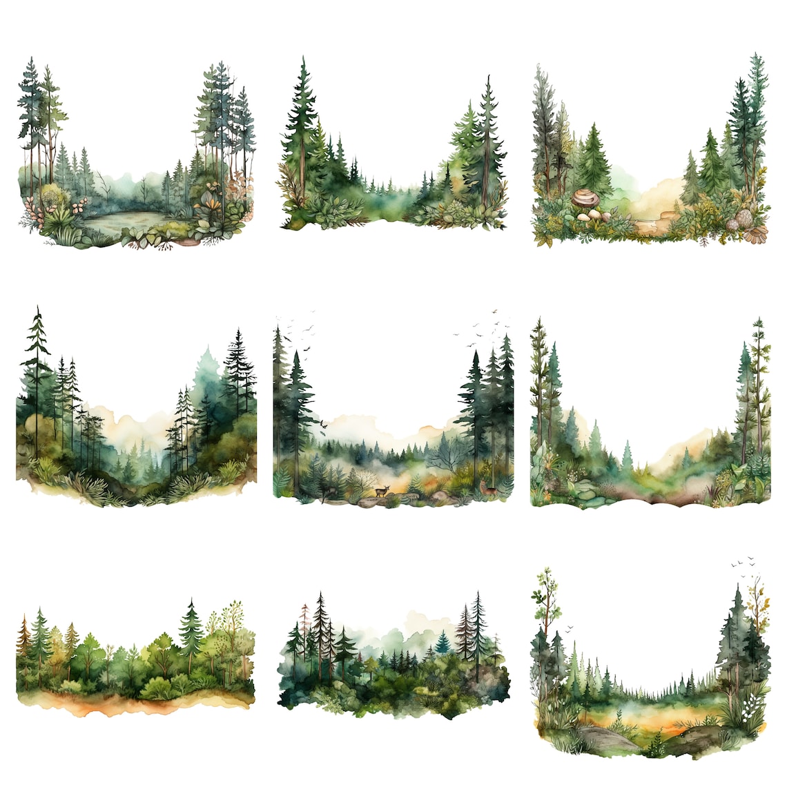 Watercolor Forest Borders Clipart, PNG Digital Files on Transparent ...