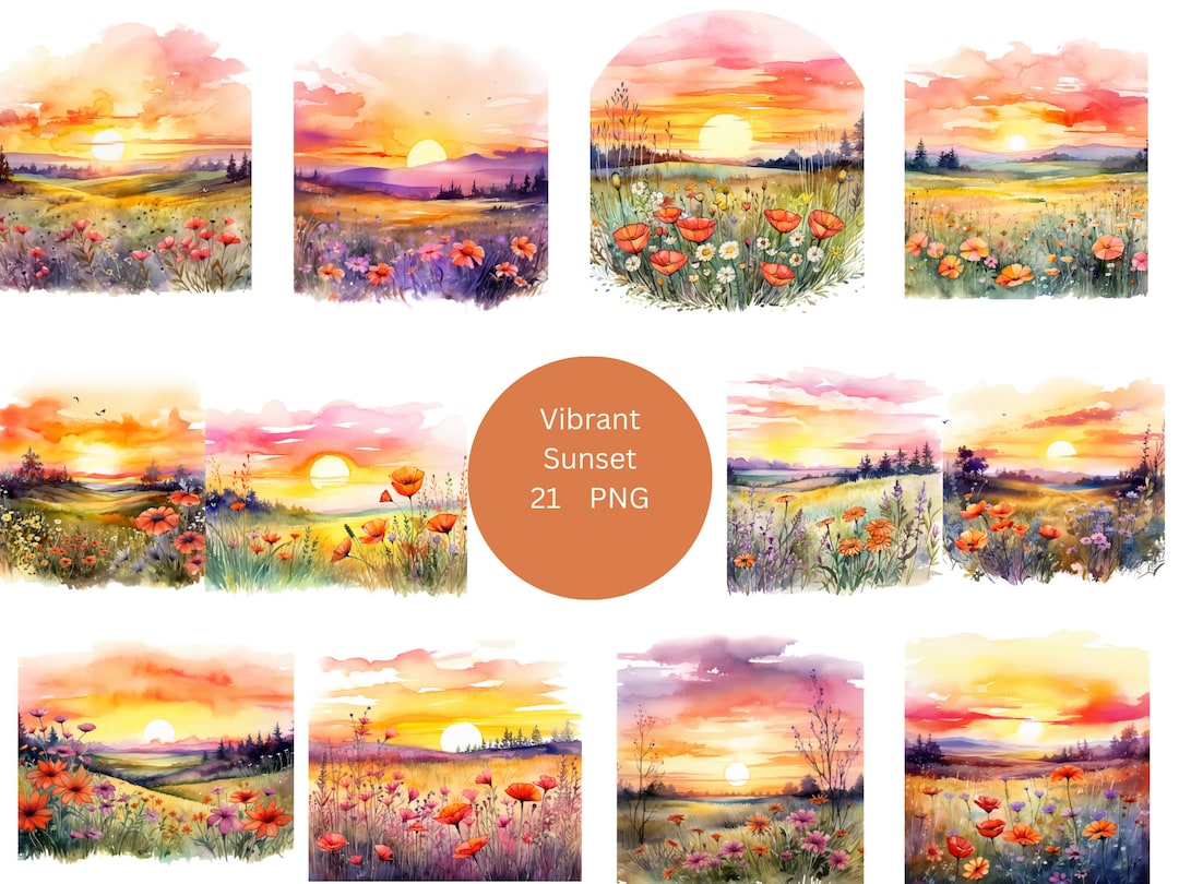 21 Vibrant Sunset Watercolor Clipart, Landscape Clipart, PNG Individual ...