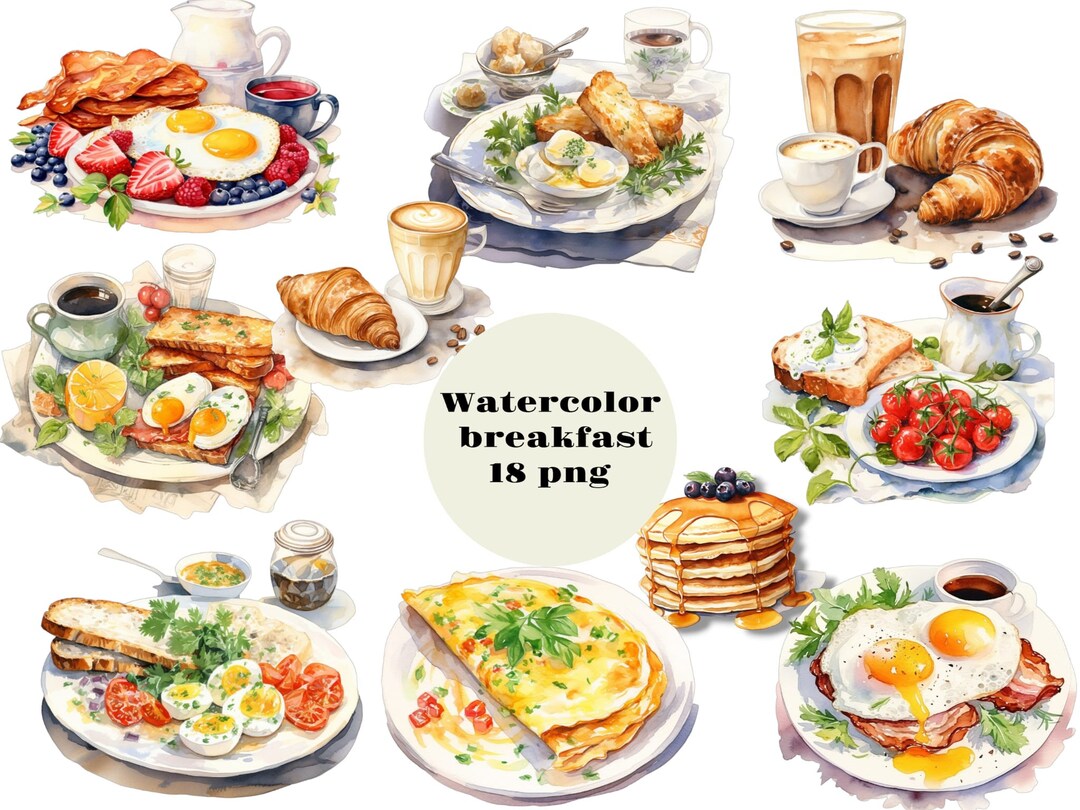 Watercolor Breakfast Clipart, 18 High Quality PNG Files, Food Clipart ...