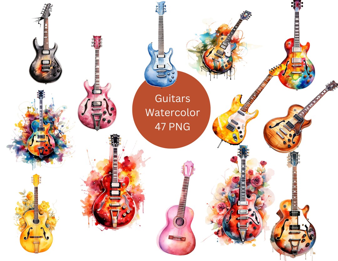 Watercolor Guitars Clipart, PNG Digital Files on Transparent Background ...