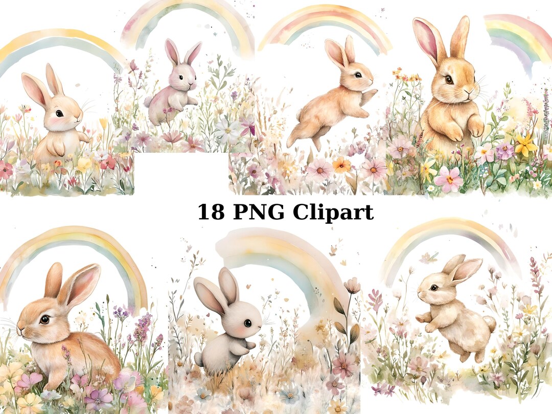 18 Spring Bunnies Watercolor Clipart, Bunny Clipart, PNG Individual ...