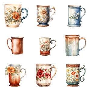 Watercolor Vintage Mugs Clipart, PNG Digital Files on Transparent ...