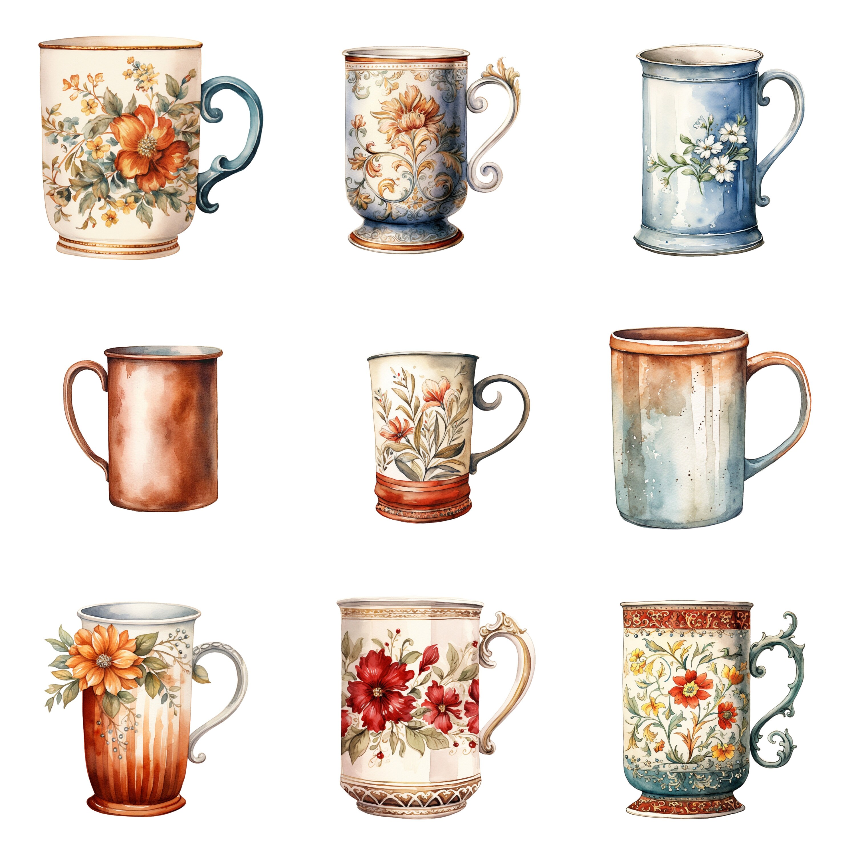 Watercolor Vintage Mugs Clipart PNG Digital Files on - Etsy