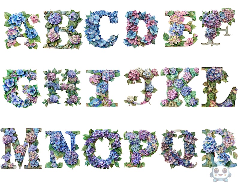 Hydrangea Alphabet Watercolor Clipart, Floral Clipart, PNG Digital ...